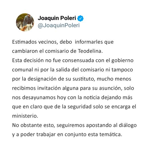POLERI HIZO UN COMUNICADO EN LAS REDES SOCIALES – lanuevavozregional